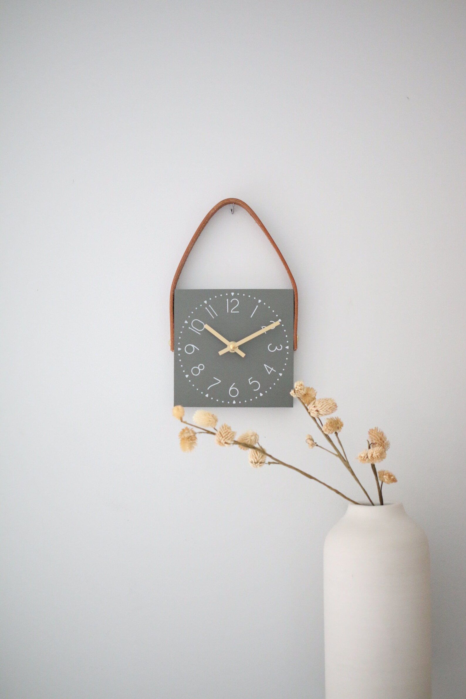 Mini Square Clock - Clock With Leather - Neutral Grey/green - 6" Wood ...