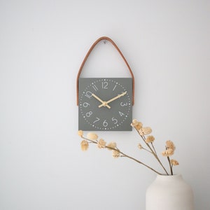 Mini Square Clock - Clock With Leather - Neutral Grey/green - 6" Wood ...