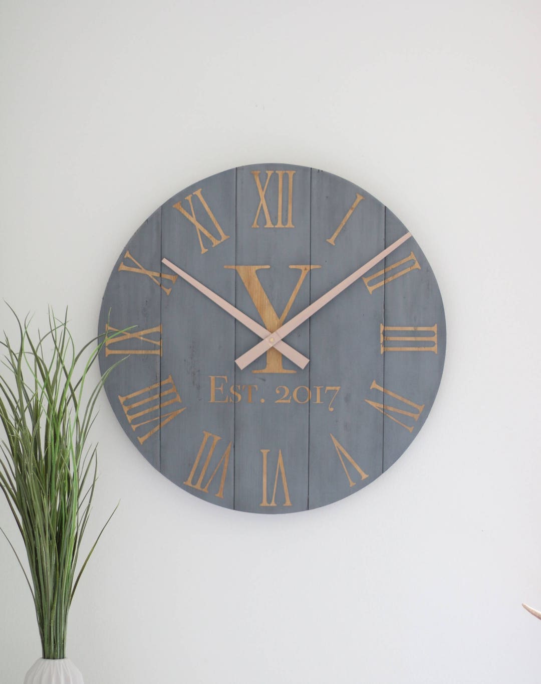 25"/30" Nora in Rose Gold. Slate Grey. Large Wall Clock. Rose Gold ...