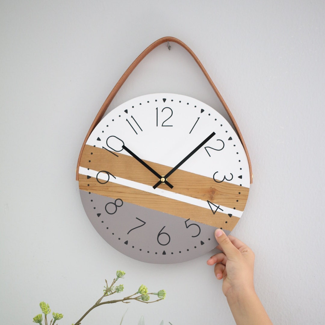 10" Modern Wall Clock - Small Bedroom Clock - Round Clock With Leather ...