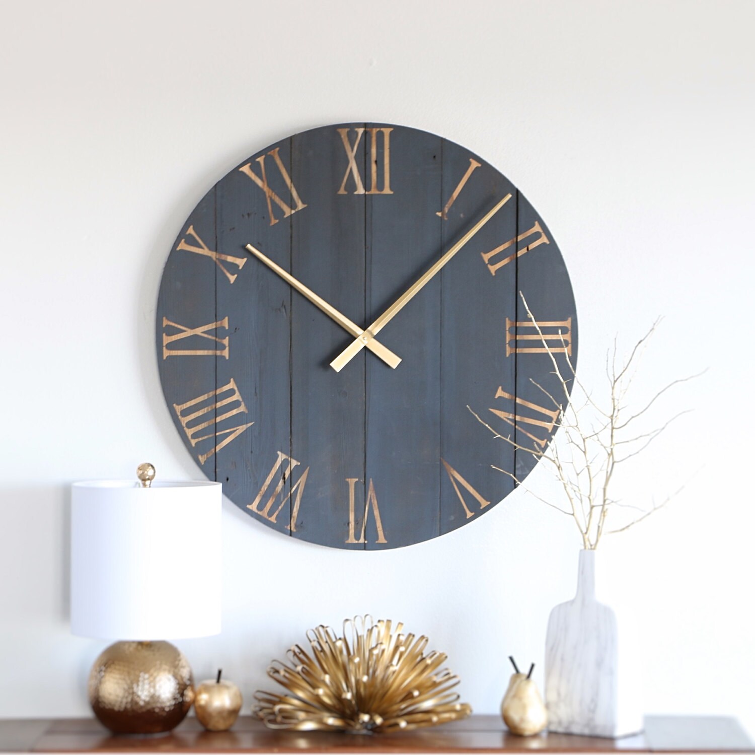 Large Wall Clock Navy & Gold Mid Century Modern Modern | Etsy