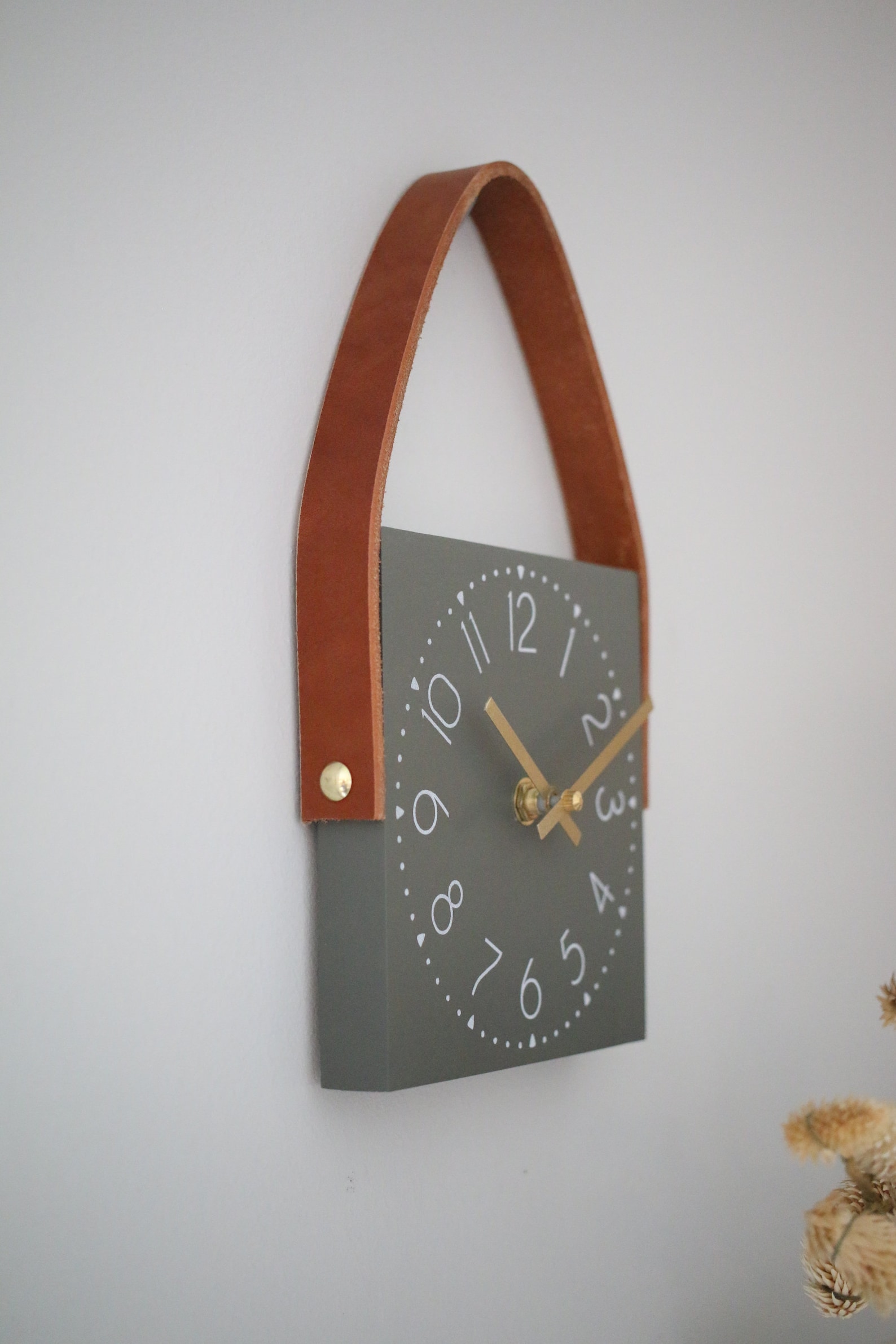 Mini Square Clock - Clock With Leather - Neutral Grey/green - 6" Wood ...