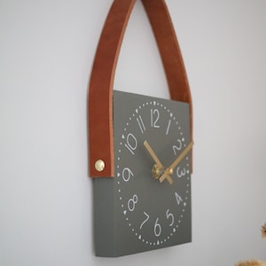 Mini Square Clock - Clock With Leather - Neutral Grey/green - 6" Wood ...