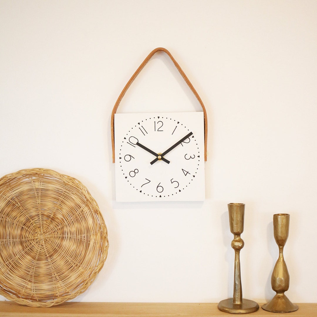 Mini Square Clock - White Clock With Leather - 6" Wood Clock - Small ...