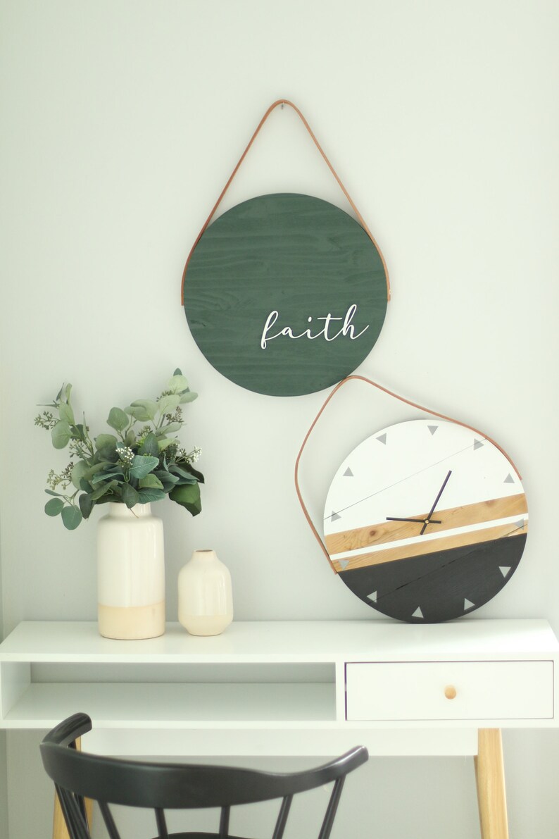 Faith round Hunter green Cognac strap wood round sign | Etsy
