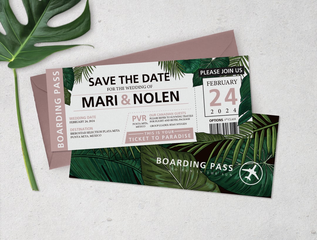 Tropical Destination Boarding Pass, Save the Date Invitation, Tropical ...