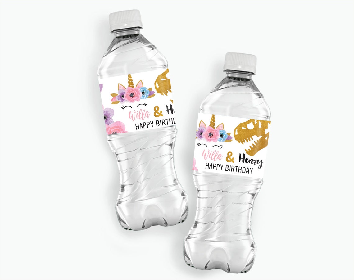 Unicorn Dinosaur Water Bottle Labels Gold Dinosaur Labels | Etsy