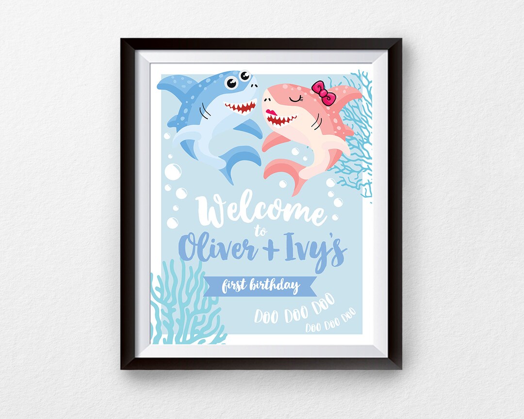 Twin Baby Shark Welcome Sign, Twin Shark Party, Sibling Shark Sign ...