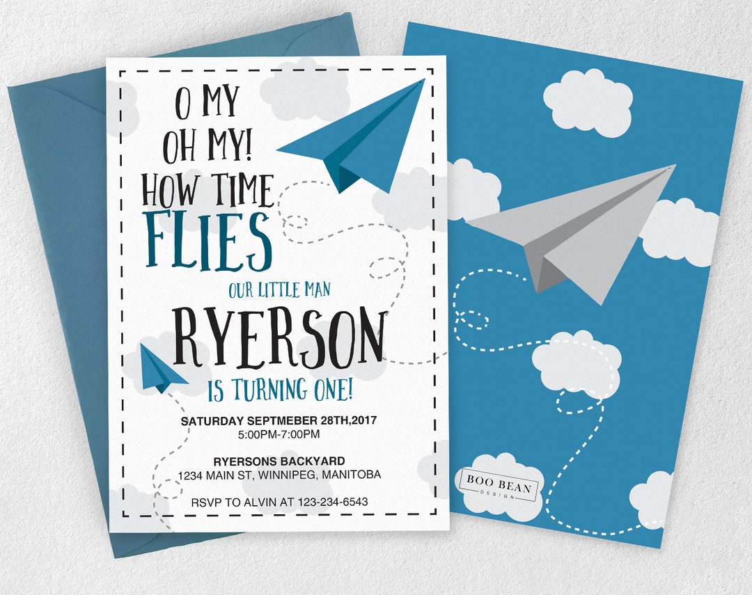 Time Flies First Birthday Invitation, Plane Invitation, Cloud ...