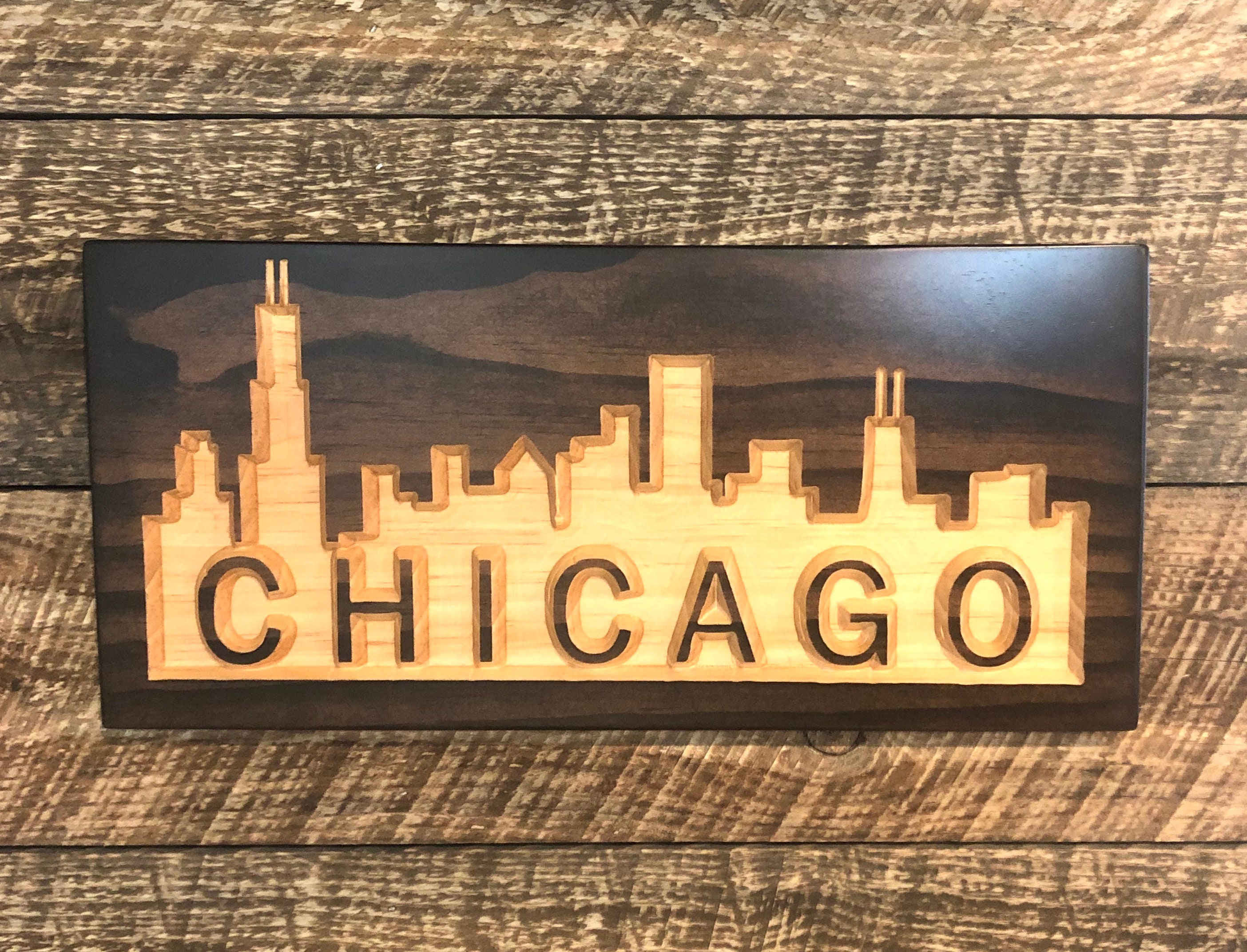 Chicago Skyline - Carved Wooden Sign - CHI Skyline - Cityscape Sign ...