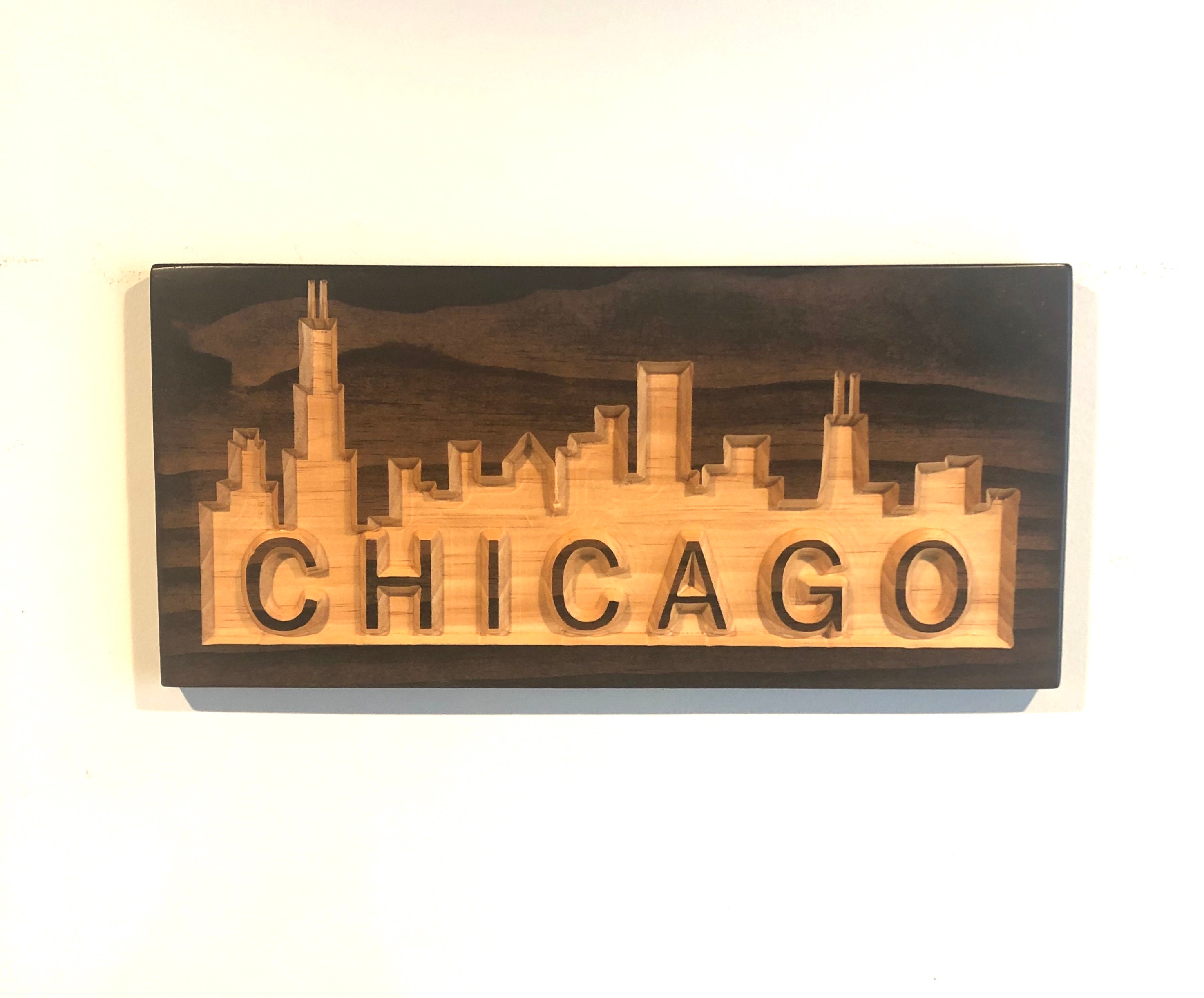 Chicago Skyline - Carved Wooden Sign - CHI Skyline - Cityscape Sign ...