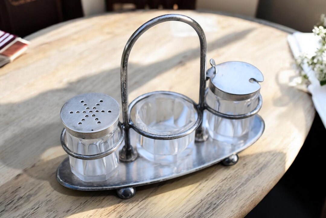 Vintage Silver-plated Metal and Crystal Condiment Cruet Set: Includes ...