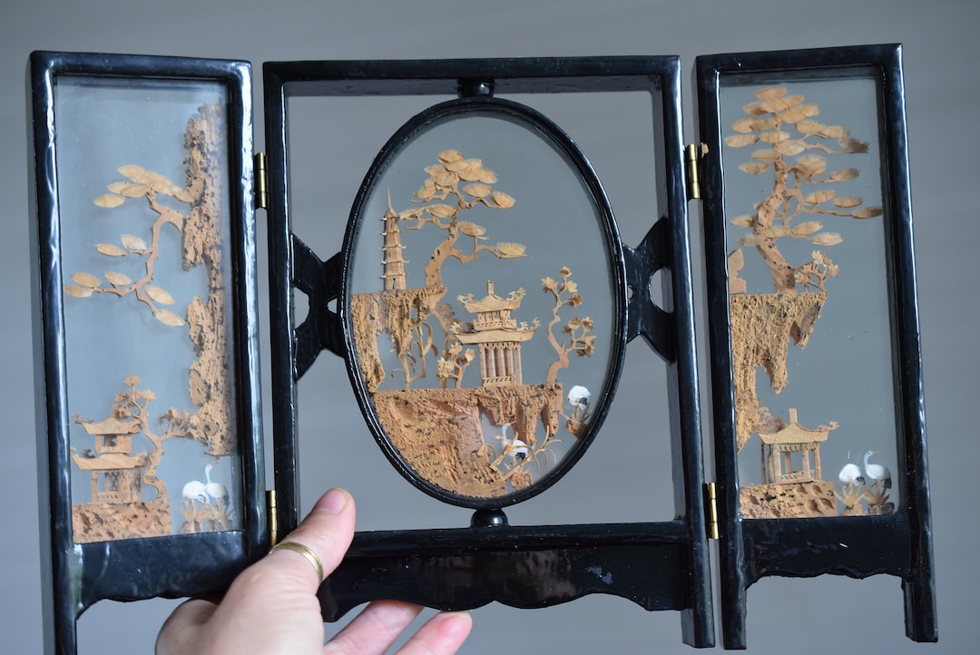 Vintage Cork Art Diorama, Miniature Carved Cork, Sculpture Under Glass ...