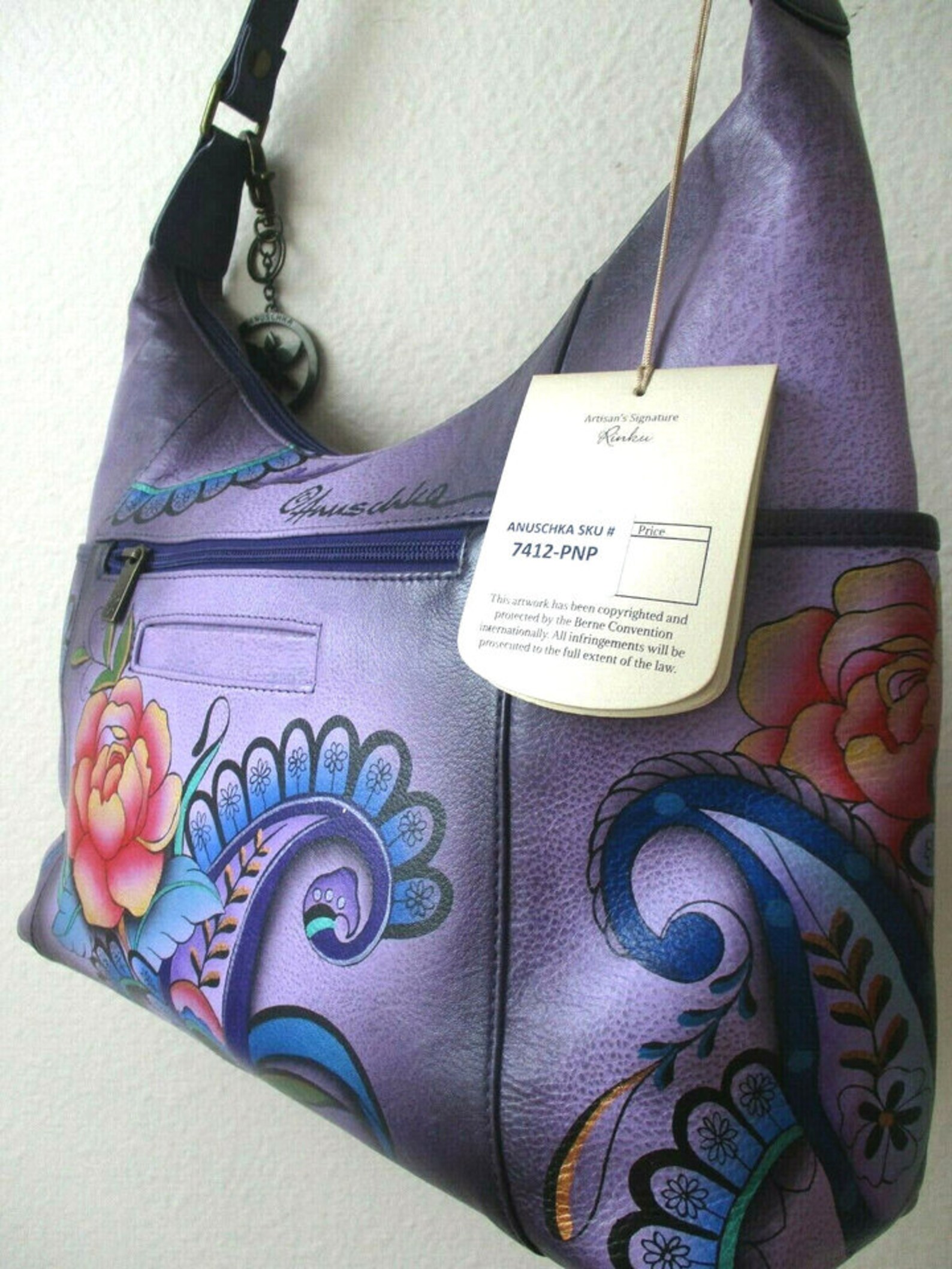 Anushka Hand Painted Purple Peonies and Paisleys Large Leather Hobo ...