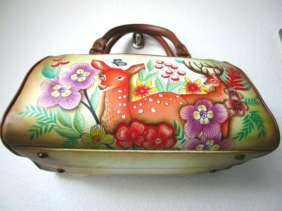 Anushka Deer in Wilderness Hand Painted Leather Satchel With ...