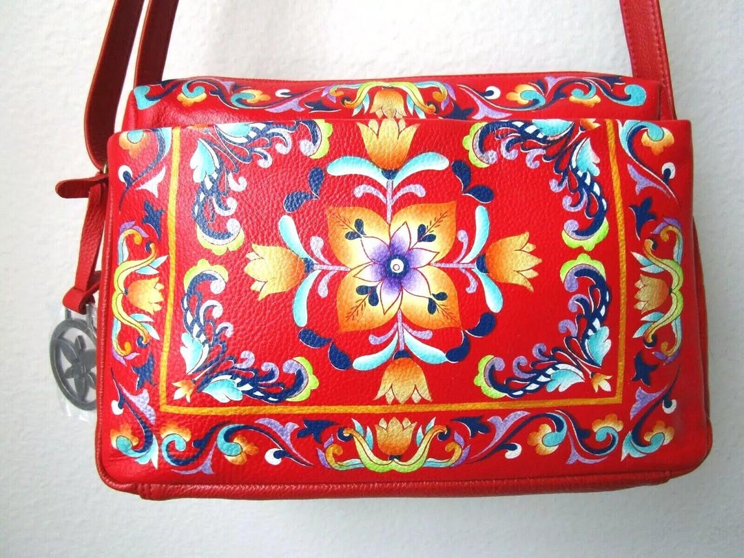 Anuschka Red Tuscan Tiles Hand-painted Leather Satchel With Dust Bag ...