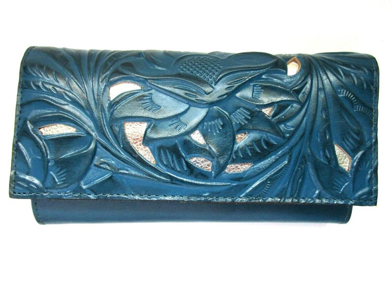 Patricia Nash Teressa Caribbean Blue Tooled Leather Tri-fold Wallet ...