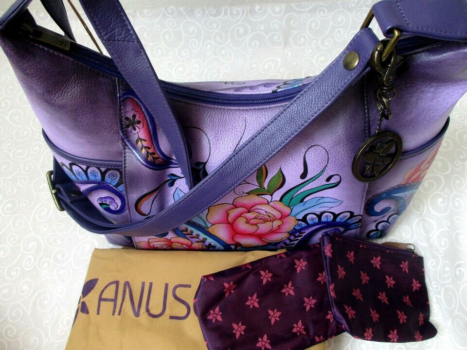 Anushka Hand Painted Purple Peonies and Paisleys Large Leather Hobo ...