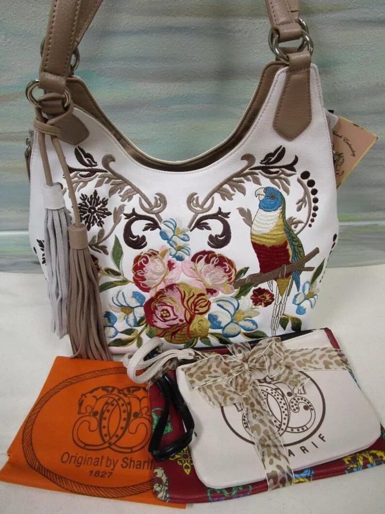 Sharif White/khaki Parrot & Floral Embroidered Leather Shoulder Purse ...