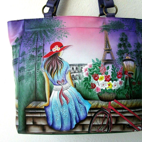 Anushka Hand Painted Purple Peonies and Paisleys Large Leather Hobo ...