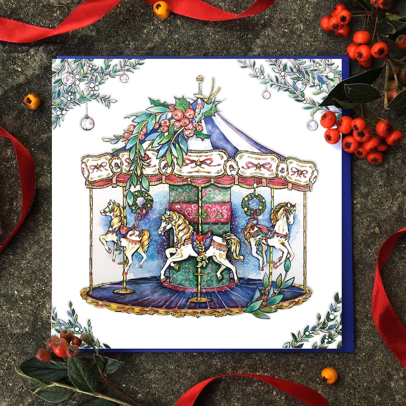 Carousel Christmas Card. Christmas Fair Card. Vintage Carousel Card ...