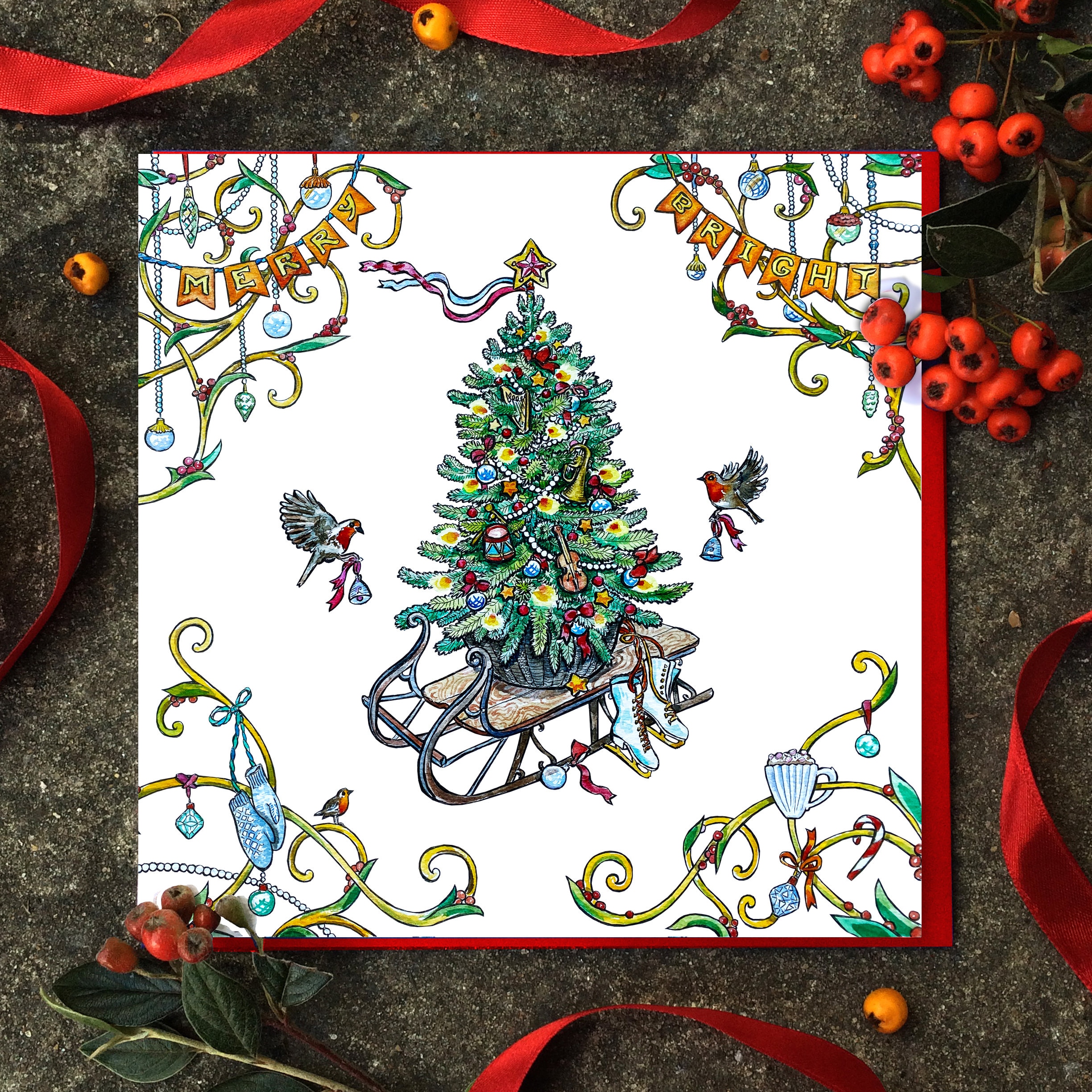 Festive Sledge Christmas Card. Christmas Fair Card. White Xmas Card ...