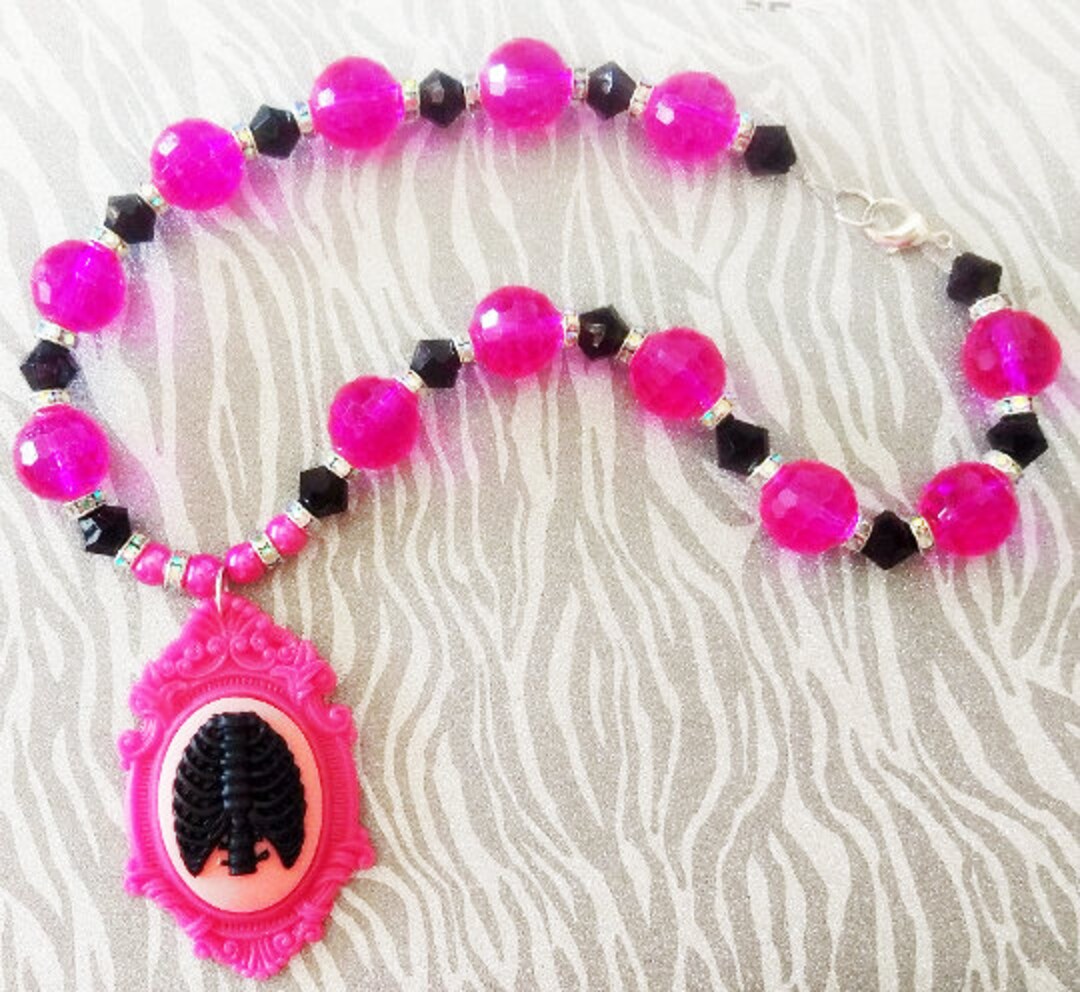 Pink and Punk Black Rib Cage Cameo Chunky Necklace - Etsy