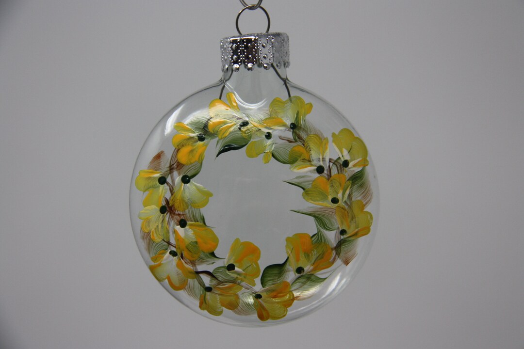 Hand Painted Glass Disc Christmas Ornament, Yellow Garland Floral ...