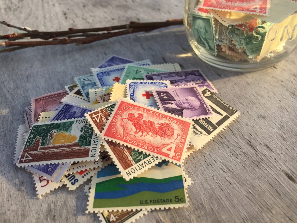 50 UNUSED Vintage Postage Stamps With Mason Jar 1 to 8 Cent - Etsy