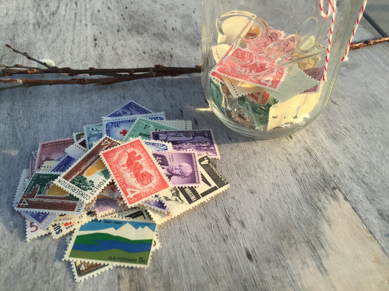 50 UNUSED Vintage Postage Stamps With Mason Jar 1 to 8 Cent - Etsy