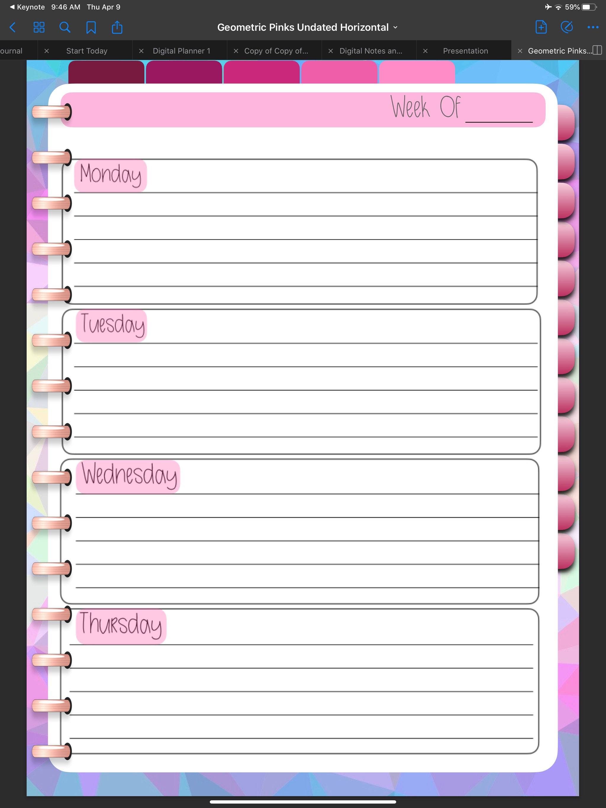 Horizontal Weekly Portrait Layout Undated Digital Planner - Etsy