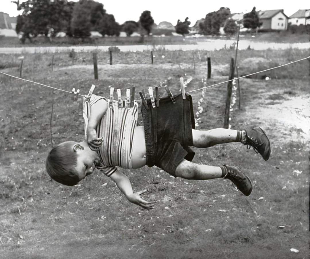 Funny Laundry Room Art: Dirty Kid on Clothesline - Vintage Photograph ...