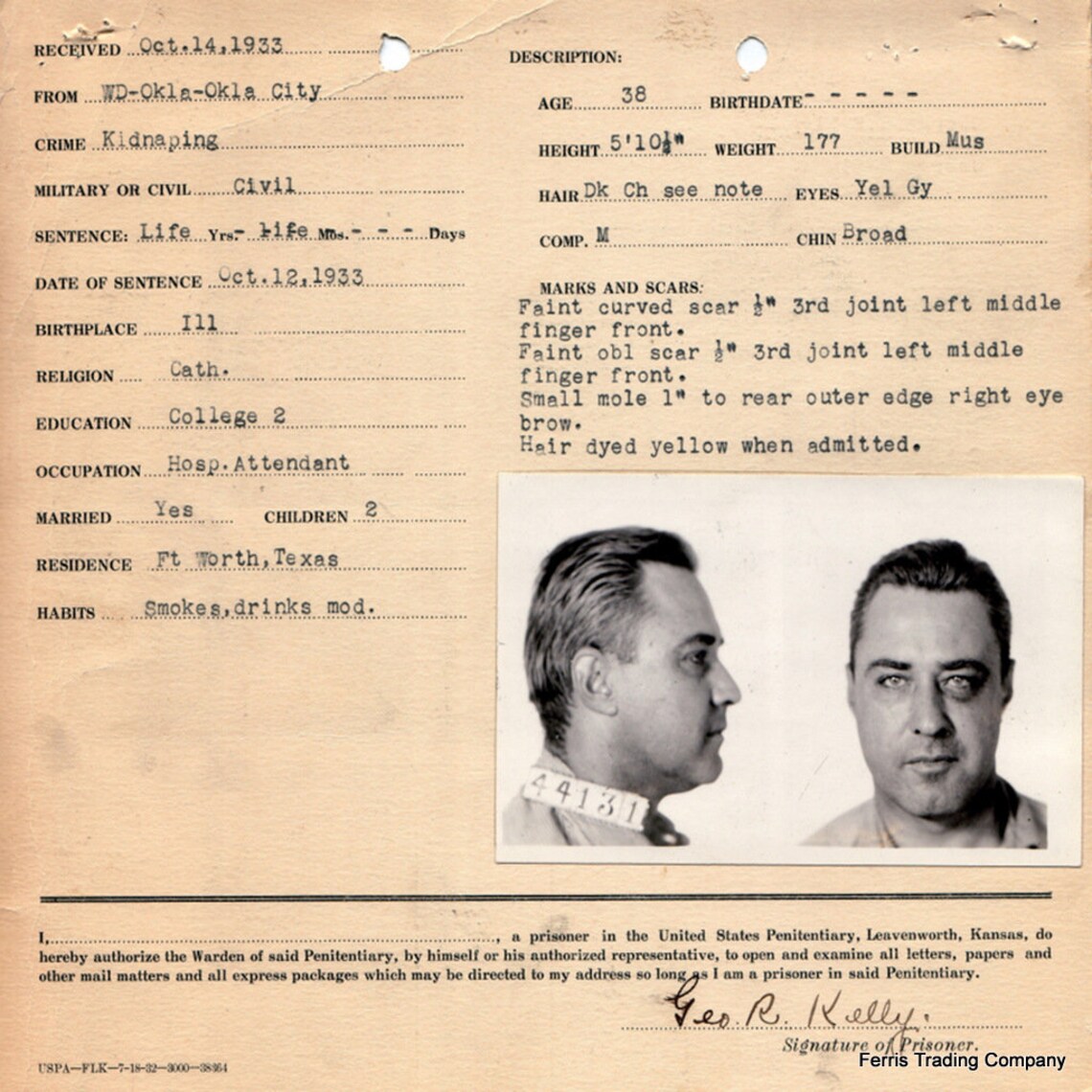 Machine Gun Kelly Arrest Record Photo 1933 Oklahoma | Etsy