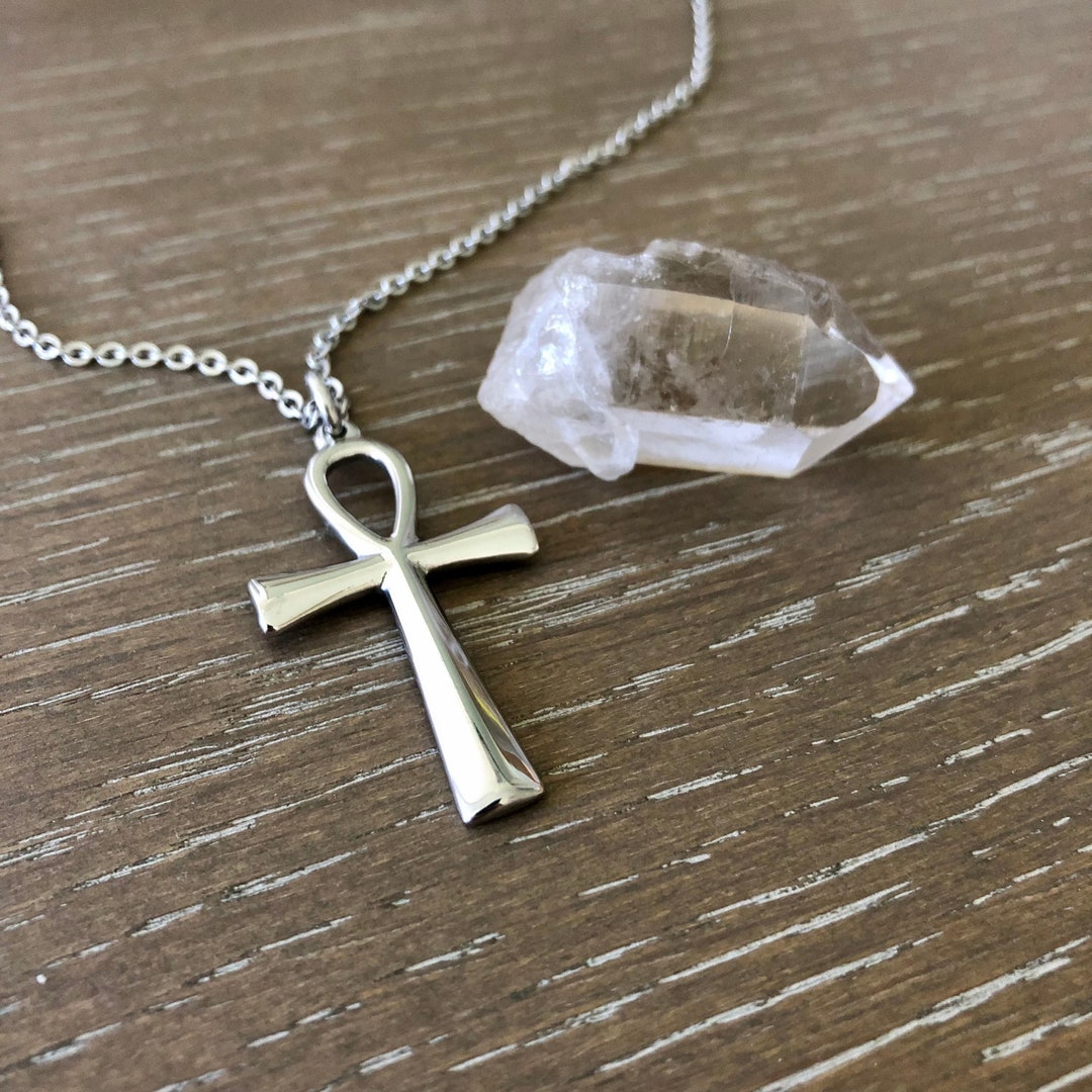 Stainless Steel Oversized Ankh Cross Pendant on Dainty Sparkle Chain ...