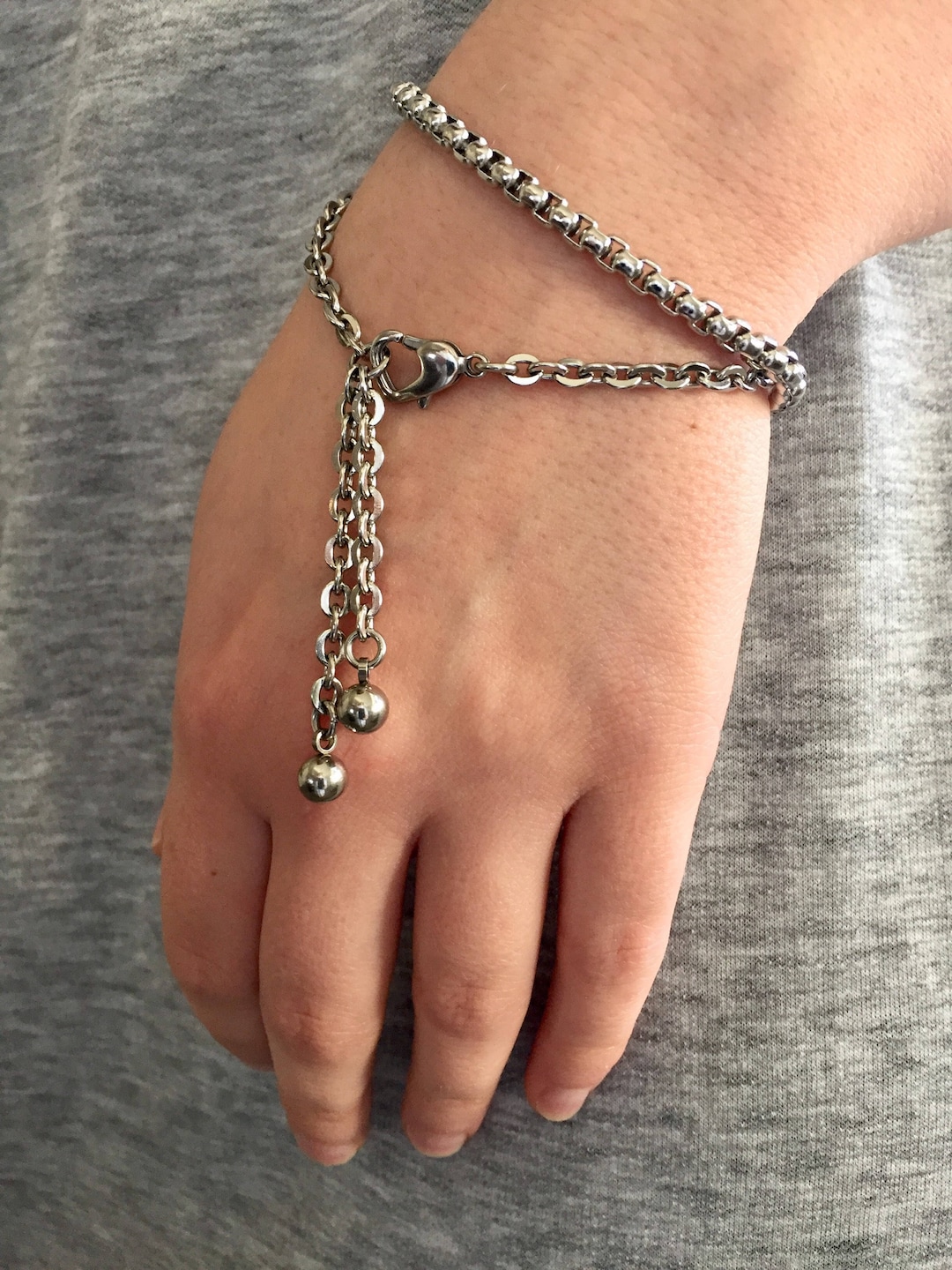 Stainless Steel Sparkle Chain Bracelet With Dangling Drop Bead Tassel ...