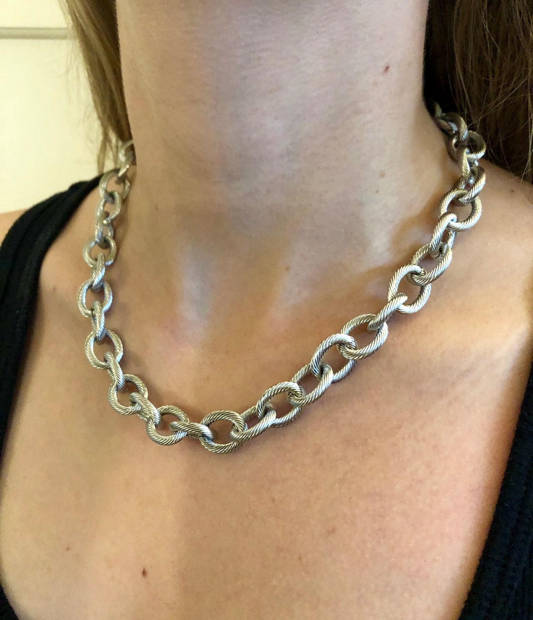 Stainless Steel Chunky Textured Large Link Chain Statement Necklace ...