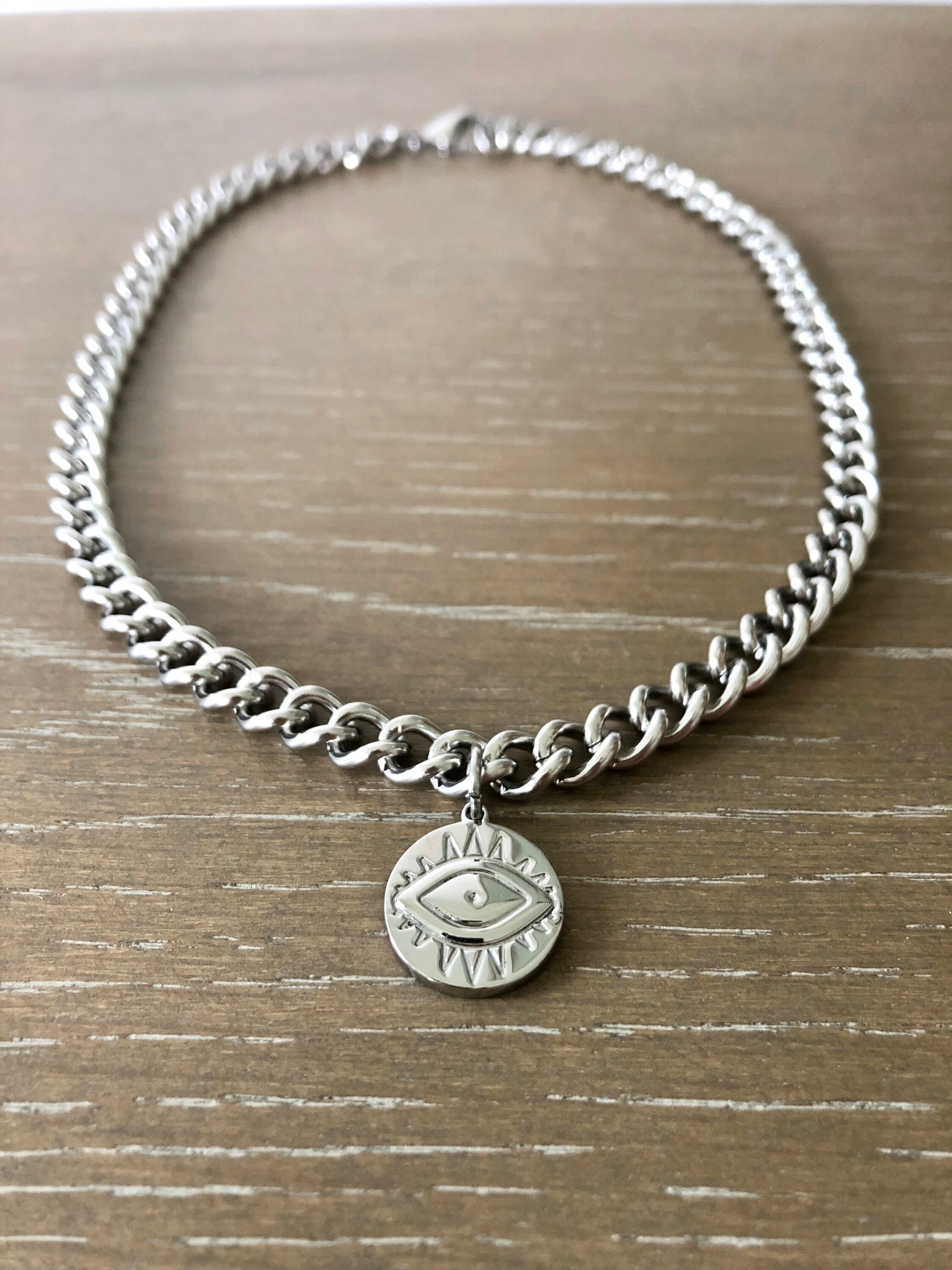 Stainless Steel Thick Chunky Curb Chain Custom Length Evil Eye - Etsy