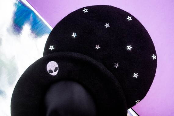 Purple Alien Beret Goth Beret Kawaii Goth Embroidered Wool | Etsy