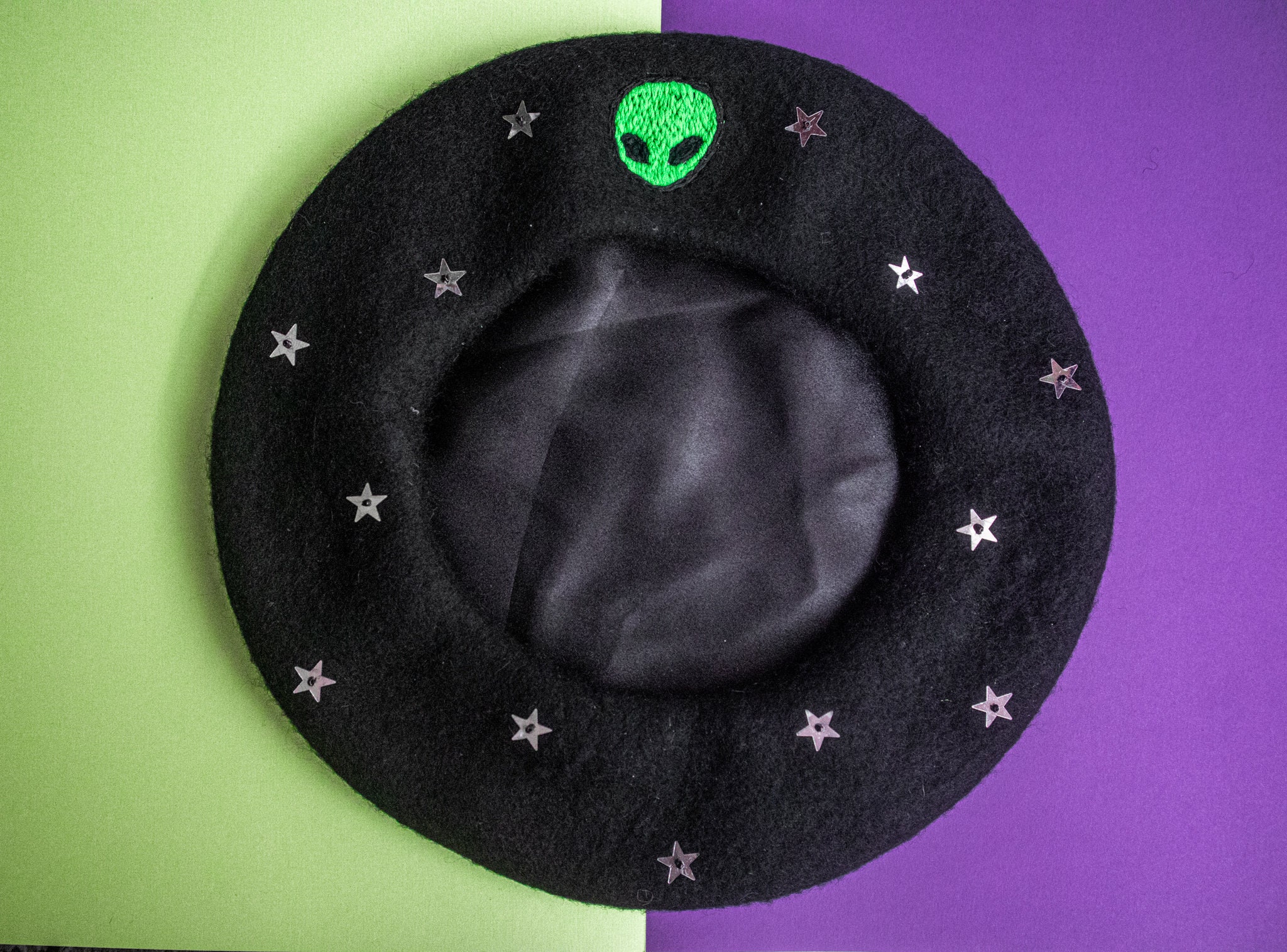 Green Alien Beret Goth Beret Kawaii Goth Embroidered Wool | Etsy