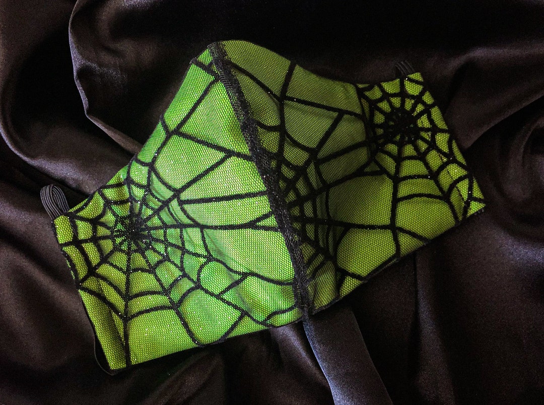 Green Spider Web Lace Witchy Face Mask Reusable W/ Removable Nose Wire ...