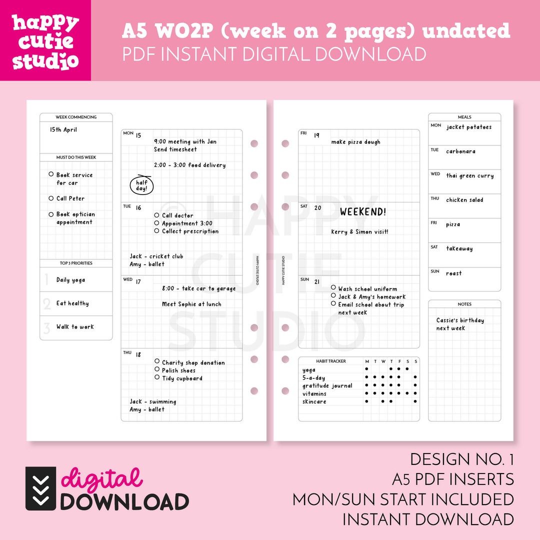 DIGITAL DOWNLOAD - WO2P - Design No. 1 - Undated Weekly A5 Printable ...
