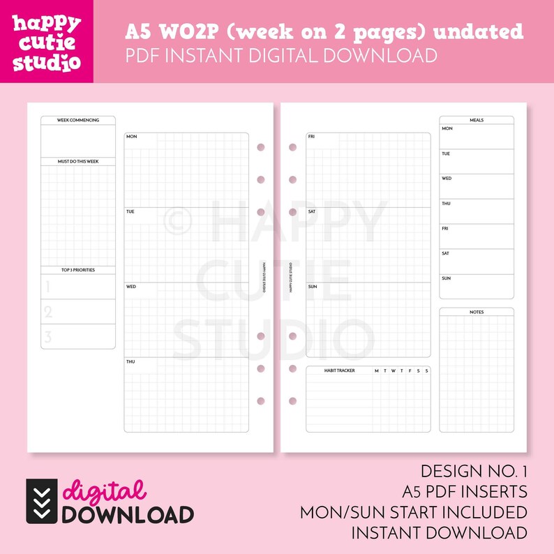 DIGITAL DOWNLOAD - WO2P - Design No. 1 - Undated Weekly A5 Printable ...
