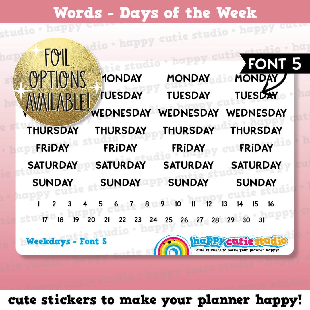Weekdays FONT 5/date Dots/date Cover/functional Planner Stickers - Etsy
