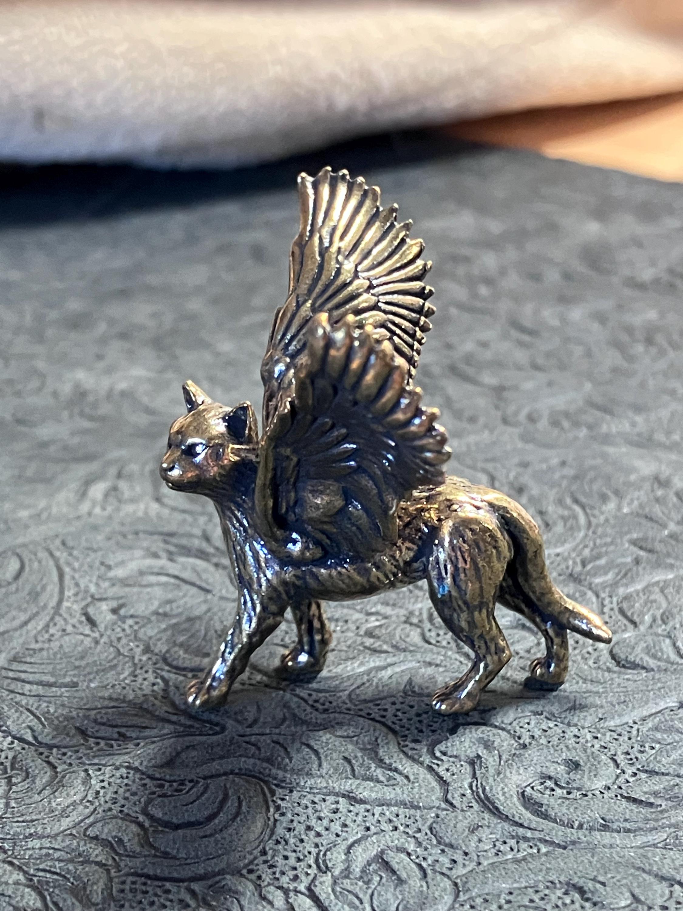 Miniature Solid Brass Winged Angel Cat Figurine - Etsy