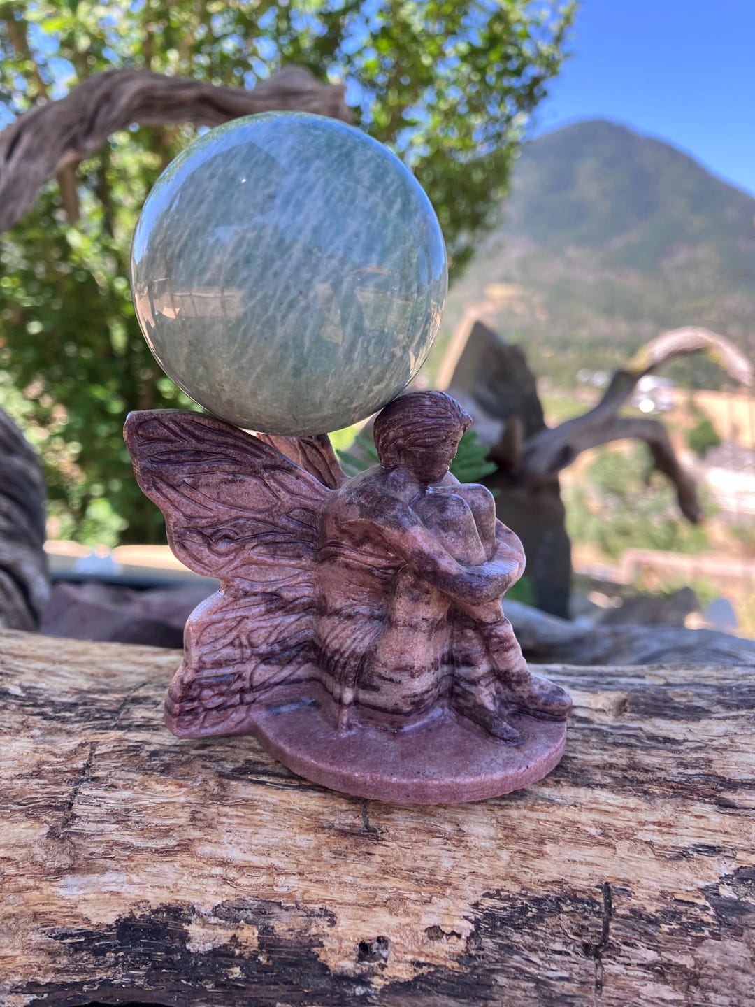 Hand Carved Sitting Fairy Figurine Crystal Ball Sphere Holder in ...