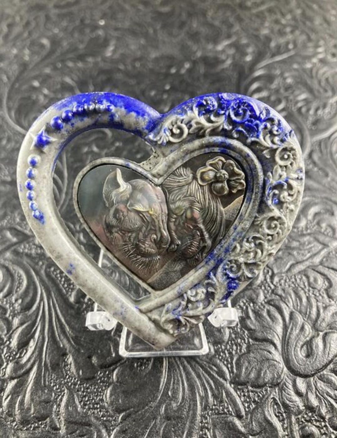 Carved Shell Lion & Lioness Lapis Lazuli Heart Pendant Ornament or Mini ...
