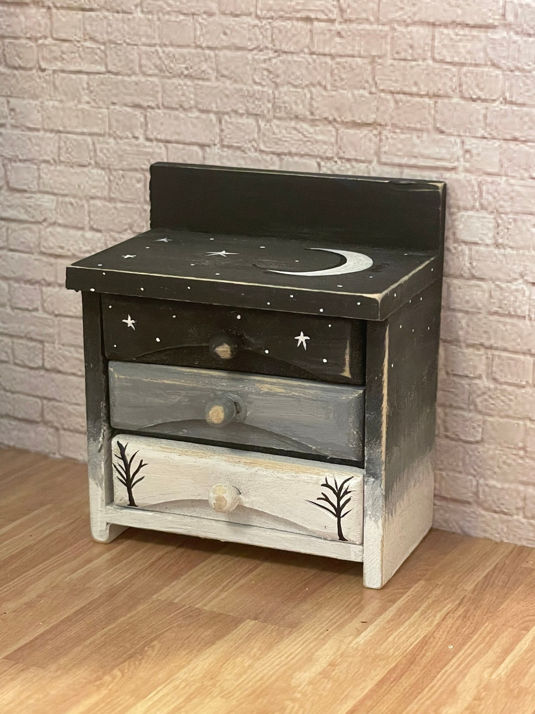 Rustic Celestial 3 Draw Miniature Table Dollhouse Furniture Moon Stars ...