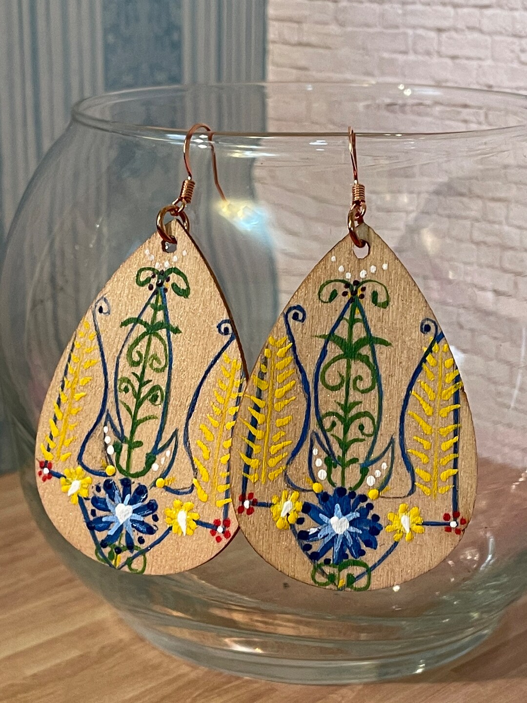 Ukrainian Trident Earrings Slavic Style Painting Hand Painted Wood ...