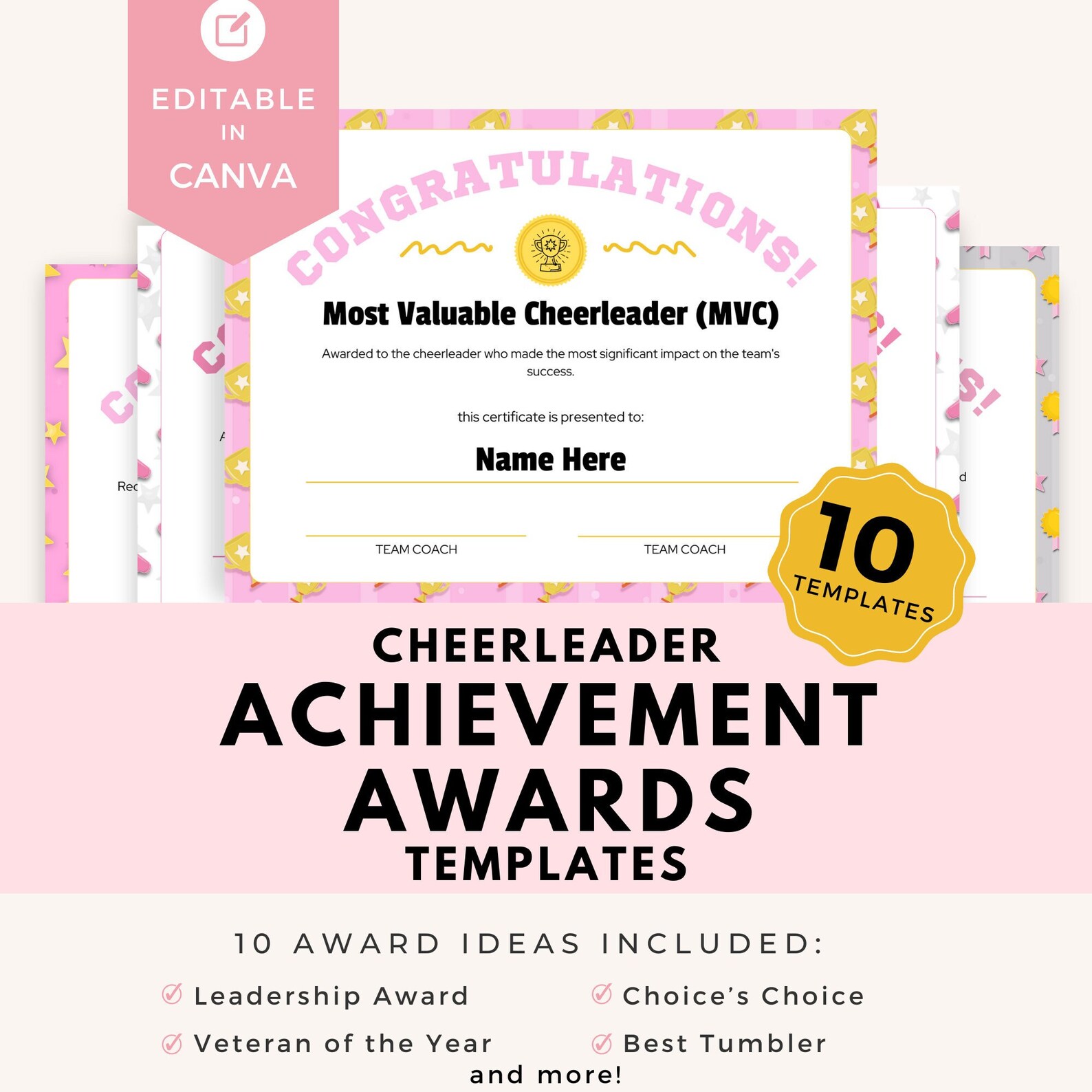 Editable Cheerleading Awards Certificate, Printable Cheer Recognition ...
