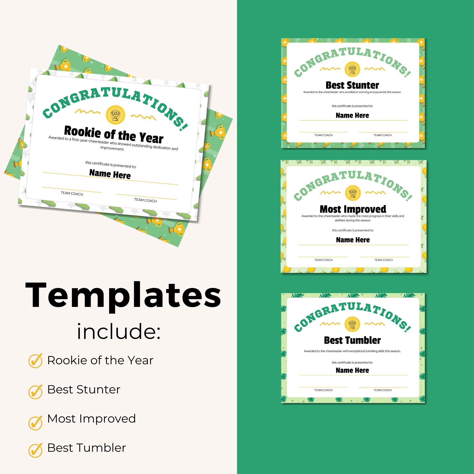 Editable Green Cheerleading Awards Certificate, Printable Cheer ...